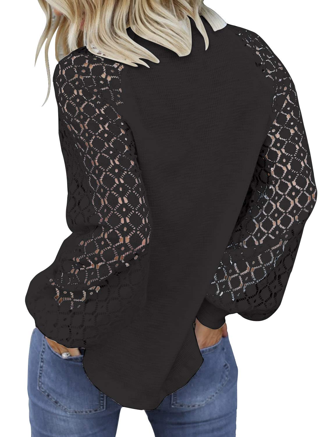 MIHOLL Women's Long Sleeve Tops Lace Casual Loose Blouses T Shirts (Black, Large)