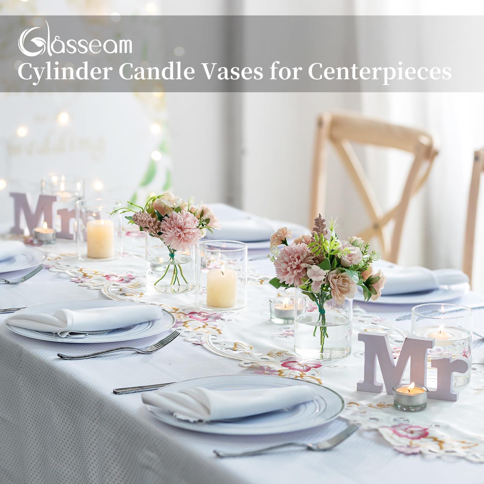 Glasseam Cylinder Vases for Centerpieces, Set of 6 Clear Glass Vases for Flowers, Modern Small Floating Candle Vase Decor, Decorative Hurricane Candle Holders for Home Wedding Table Decorations, 4in