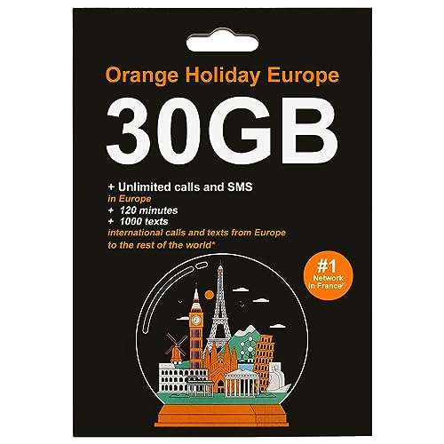 Orange Europe Prepaid SIM Card - 20GB in 4G/LTE, Unlimited Calls and Texts in Europe, 120Mins + 1000 SMS from Europe to Worldwide, NO Activation, Valid for 14 Days, Supported Hotspot