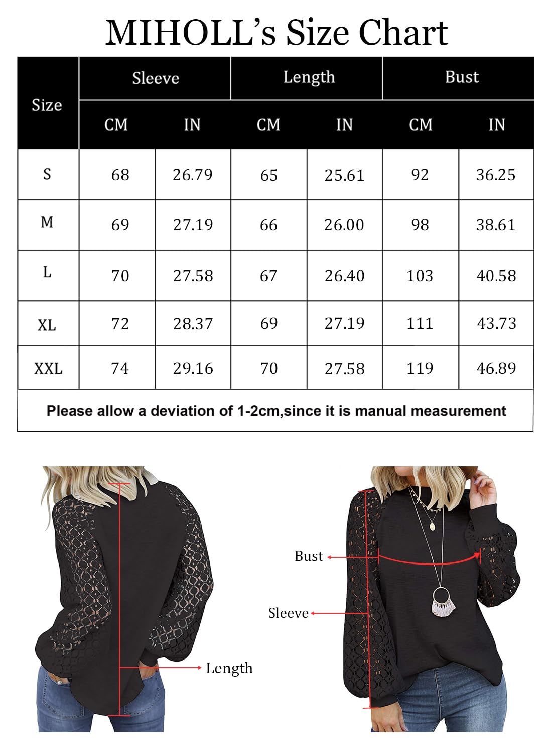 MIHOLL Women's Long Sleeve Tops Lace Casual Loose Blouses T Shirts (Black, Large)