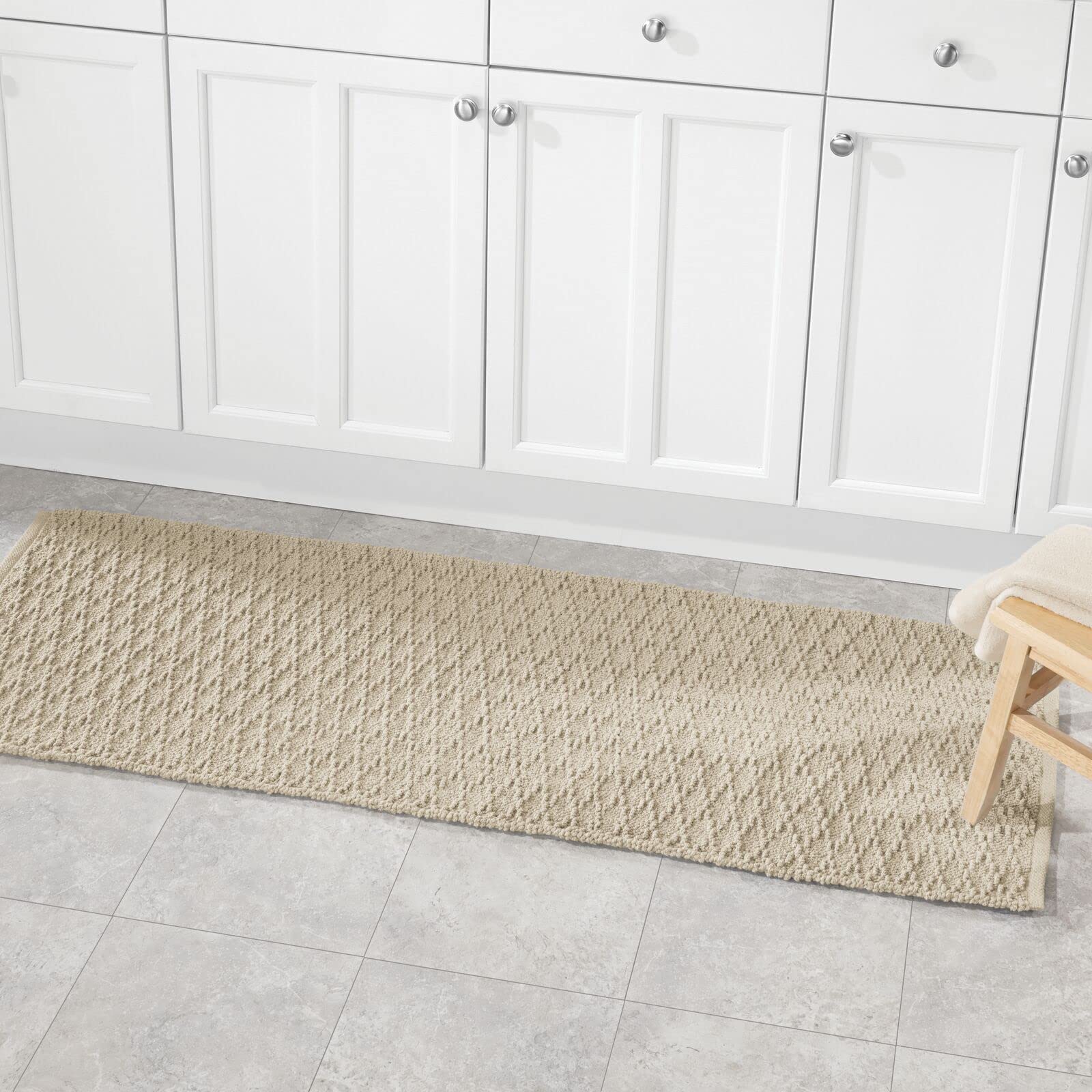 mDesign Soft 100% Cotton Luxury Rectangular Spa Mat Rugs, Water Absorbent, Diamond Design - for Bathroom Vanity, Tub/Shower, Machine Washable - Runner, Standard & Small Rug - Set of 3 - Linen/Tan