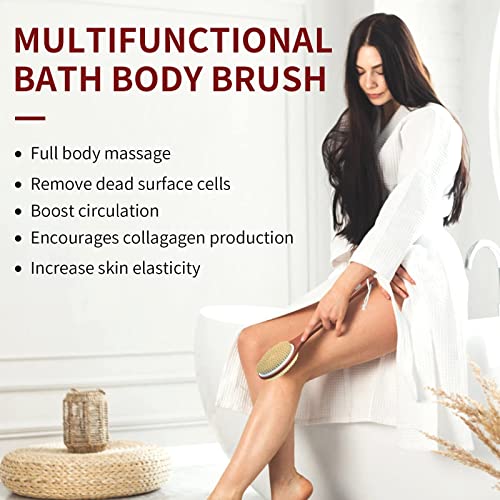 Metene Shower Brush with Upgrade 17-inch Rosewood Handle, Double-Sided Body Brush with Stiff and Soft Natural Bristles for Wet or Dry Brushing, Back Scrubber for Gentle Exfoliating and Clean Easily