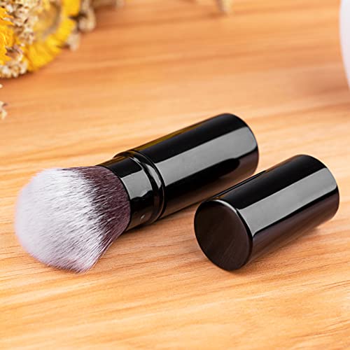 RN BEAUTY Retractable Kabuki Brushes Foundation Brush Powder Brush Blush Brush Extensible Makeup Brush Face Blender Brush Professional Mineral Blending Buffing Concealer Brush Aluminum Case Portable With Cover (Round Top, Black)