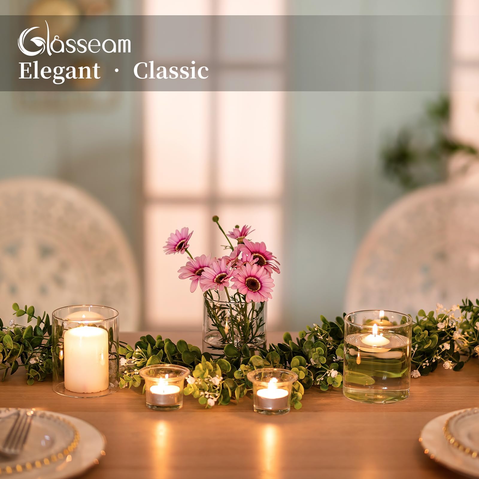 Glasseam Cylinder Vases for Centerpieces, Set of 6 Clear Glass Vases for Flowers, Modern Small Floating Candle Vase Decor, Decorative Hurricane Candle Holders for Home Wedding Table Decorations, 4in