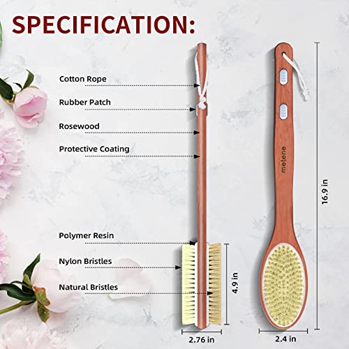 Metene Shower Brush with Upgrade 17-inch Rosewood Handle, Double-Sided Body Brush with Stiff and Soft Natural Bristles for Wet or Dry Brushing, Back Scrubber for Gentle Exfoliating and Clean Easily