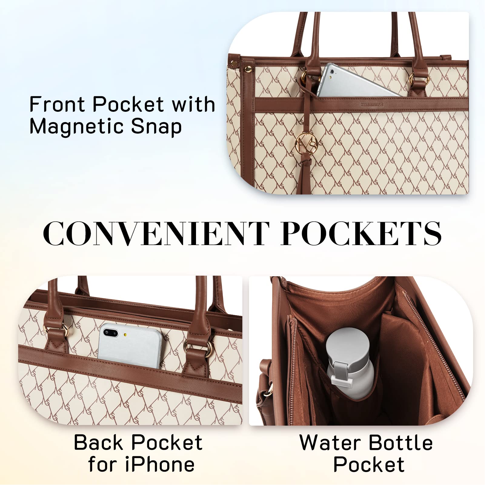 Missnine Laptop Tote Bag 15.6 inch Laptop Bag Stylish Briefcase for Women Work Shoulder Bags with Clutch Wallet 2 PCS Set (Dark Beige)