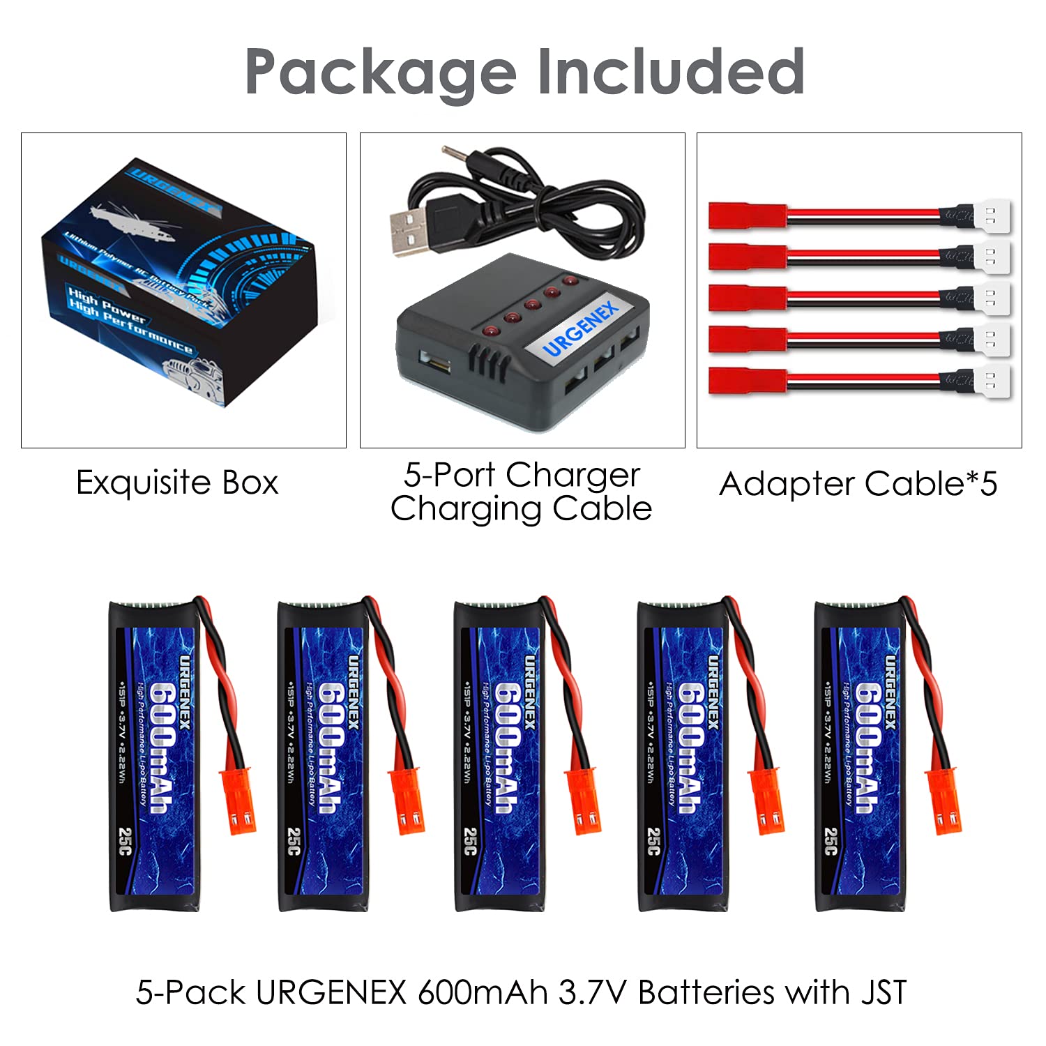 URGENEX 3.7v Lipo Battery 600mAh with JST Plug 1S Li-Po Battery with X5 Battery Charger for UDI U817 U817A V959 V222 V929 RC Drone Quadcopter 5PCS Aircraft Batteries