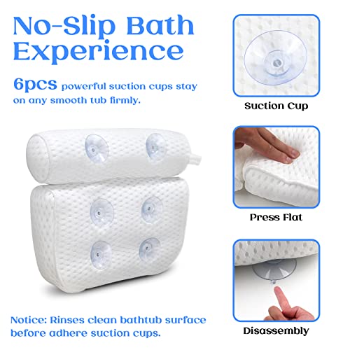 Bath Pillow, Bathtub Pillow with Anti-Slip Suction Cups, 4D Mesh Soft Spa Bath Tub Pillow, Bath Pillows for Tub with Neck and Back Support Fits Bathtub Spa Tub, Father's Day Dad Gifts
