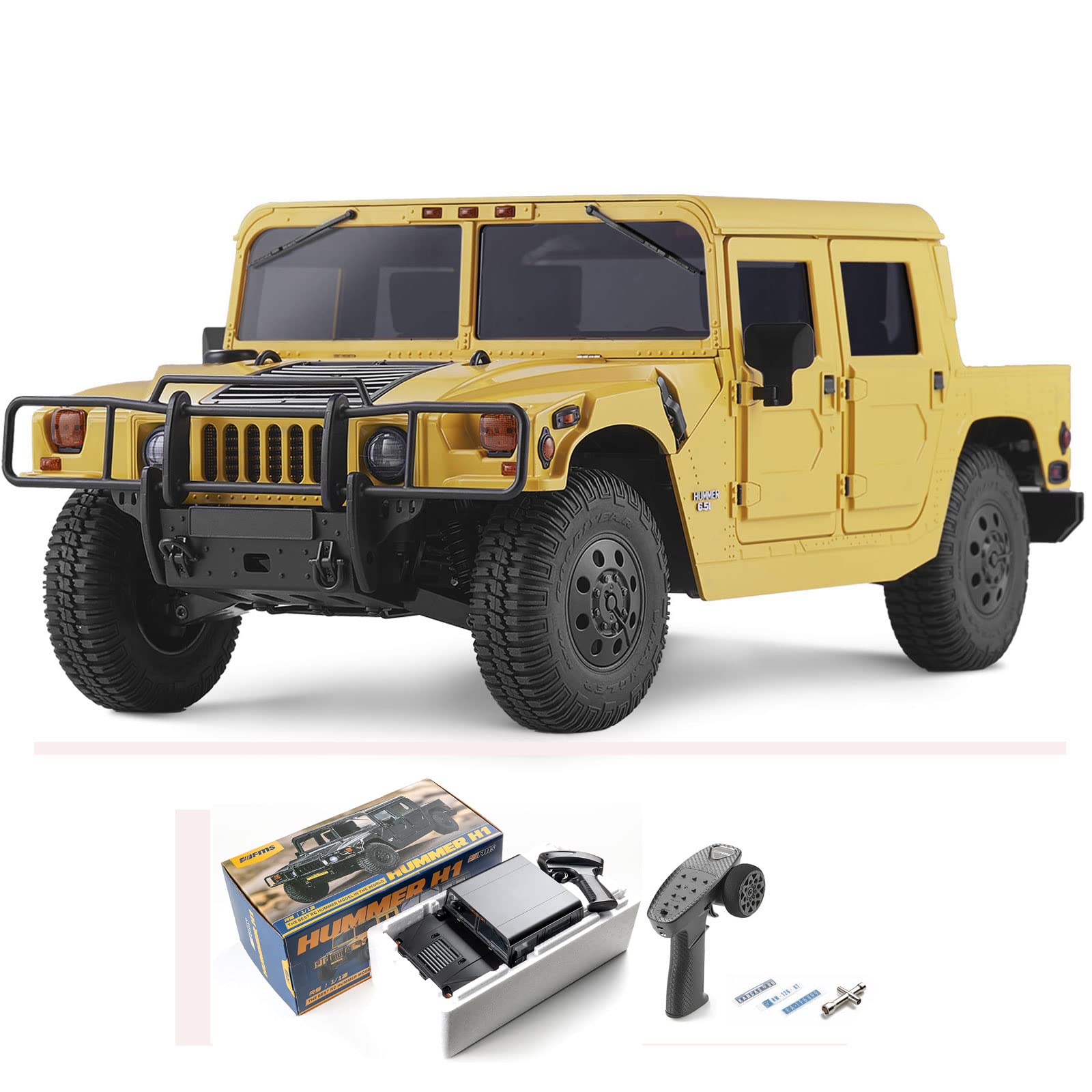 EAZYRC X FMS 1/12 GM Hummer H1 Military RC Truck with Officially Licensed, 8+KM/h 2WD 4WD 3 Speed Transmission All Terrain Model Car with 2.4 Ghz 7CH Remote Control,Led Light (No Battery) (Yellow)