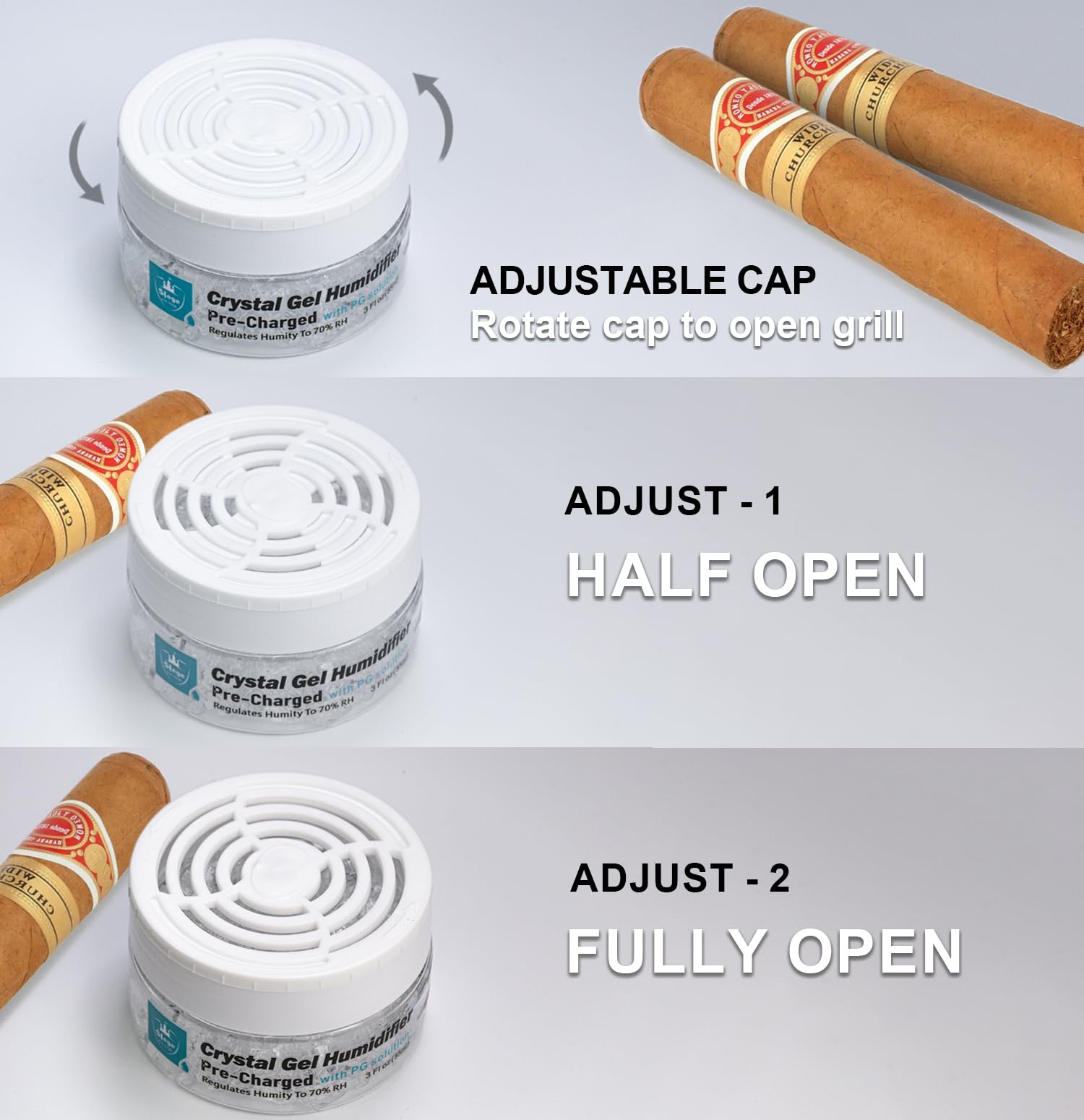 Crystal Gel Humidifier for Cigar Humidors (3 oz jar) -2 pack, Pre-filled PG Humidor Solution,Cigar Humidifier with Adjustable Cap,Keep 70% RH, Reusable Humidor Humidifier fit all Humidor Cigar Box