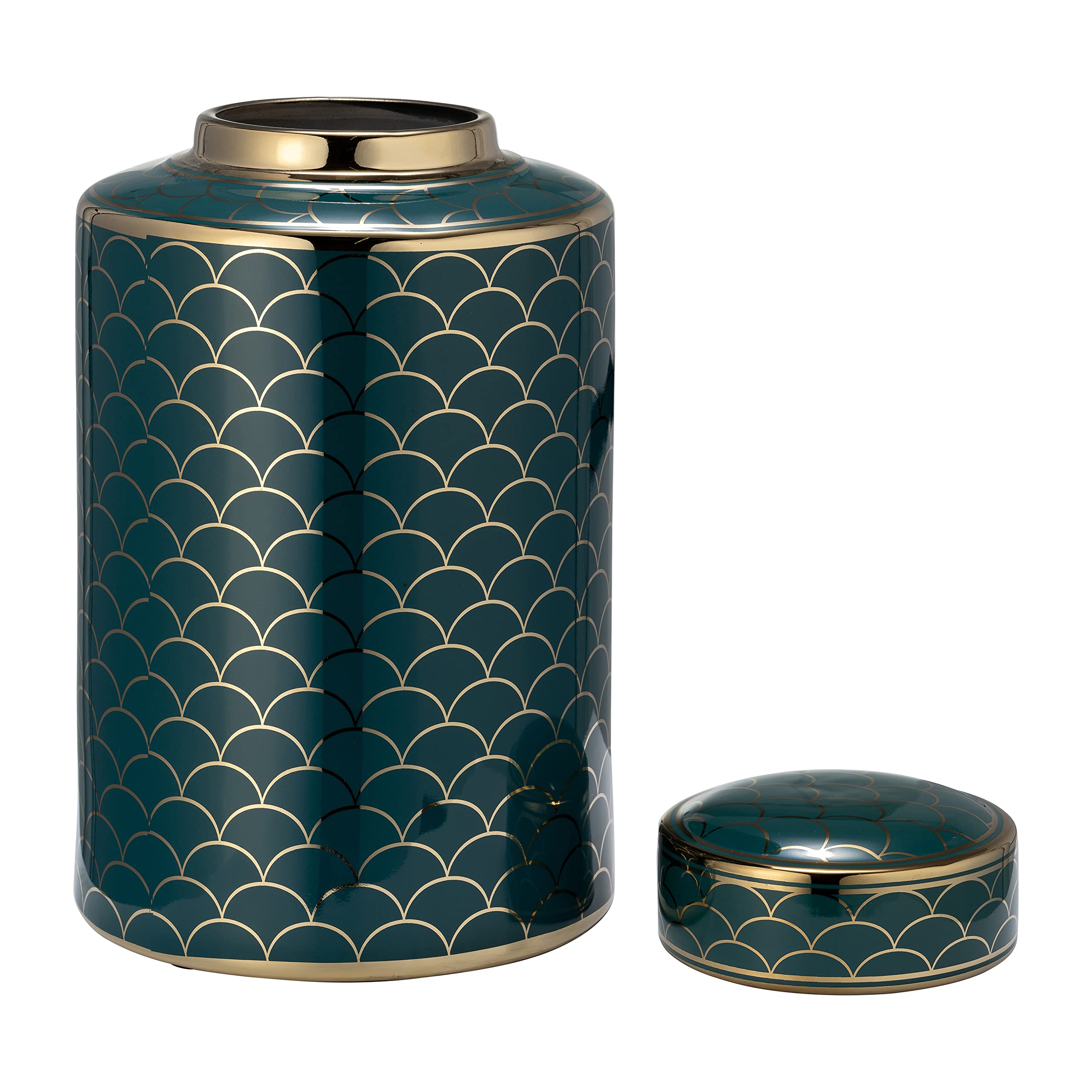 12" Jar with Lid - Modern Ceramic Dark Green and Gold Crackle Design Stoneware - Decorative Jar for Home or Office Accent