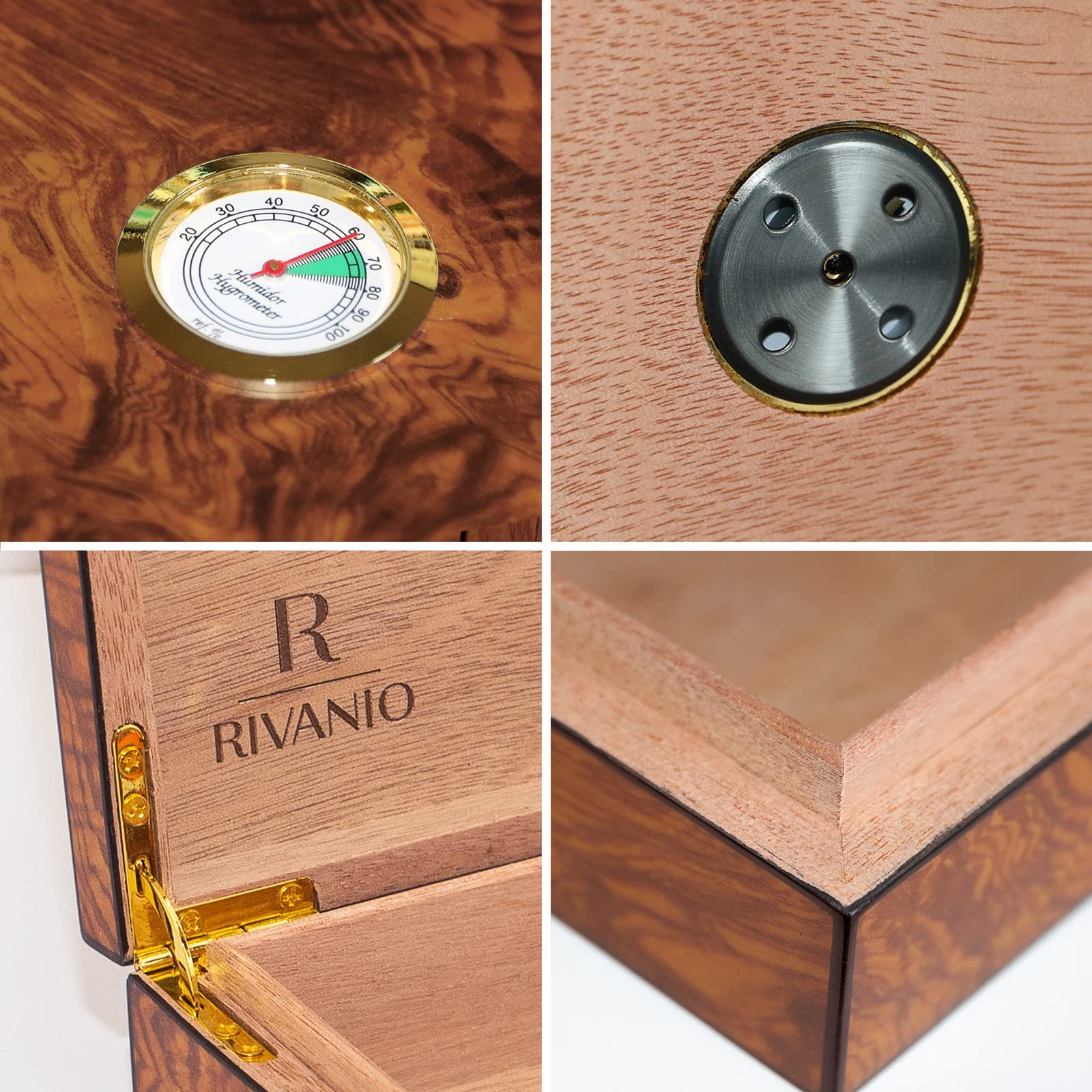 Rivanio Cigar Humidor, 9" x 8.5" x 2" (LxWxH) - Premium Handcrafted Cigar Box for Storage and Display - Humidor Cigar Box Includes Divider and Humidifier - Cigar Case for Desk or Travel