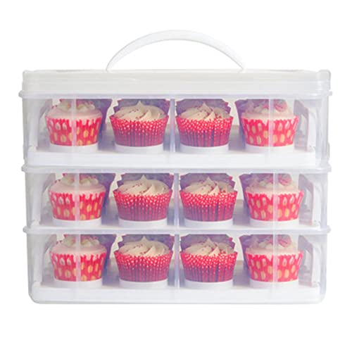 ATRDTO 3-Tiers Stack Carry Storage Box With Handle, Transparent Stackable Storage Bin With Handle Lid Latching Storage Container for Holds 36 Cupcakes or 3 Large Cake (Style A)