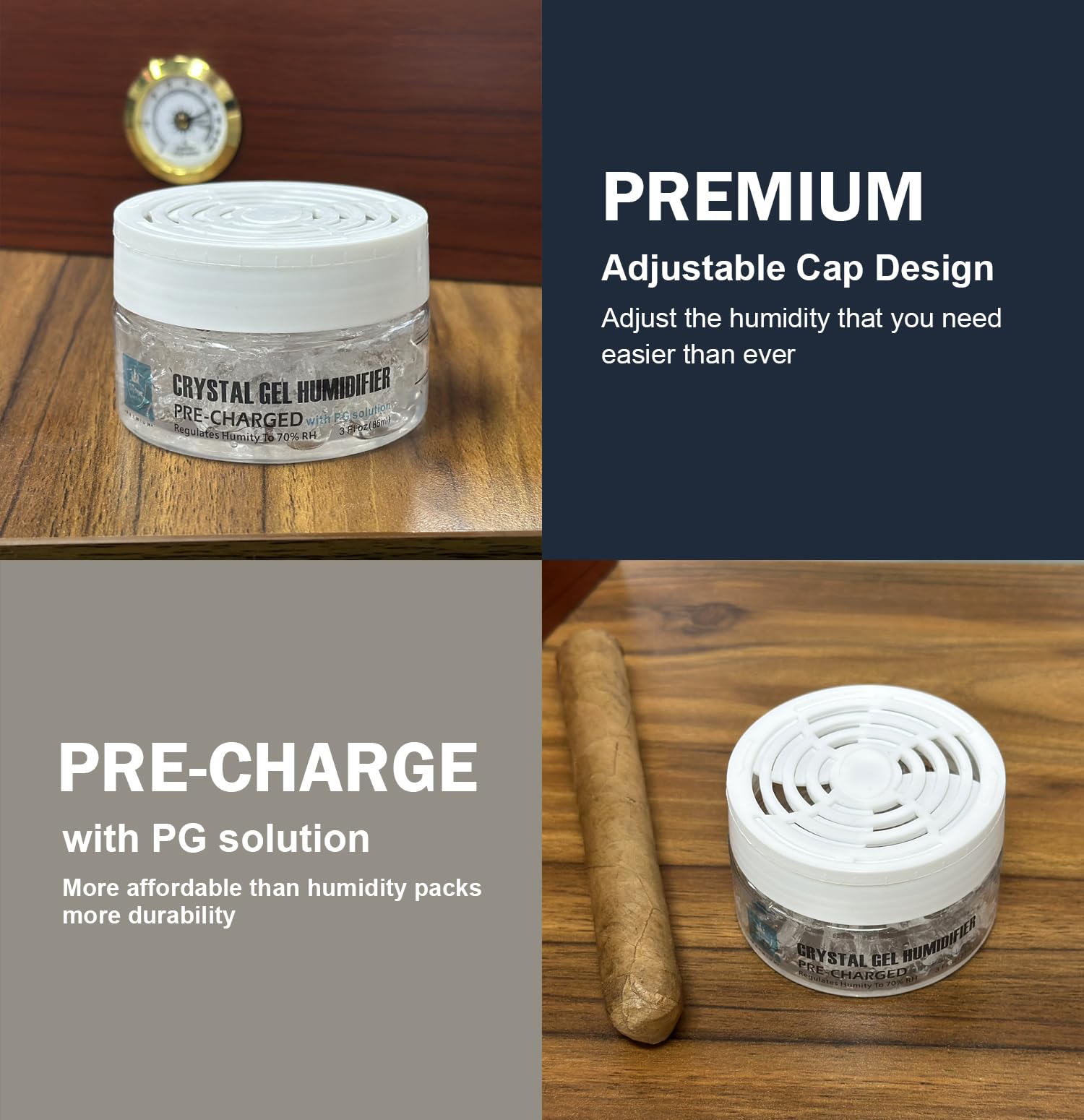 Crystal Gel Humidifier for Cigar Humidors (3 oz jar) -2 pack, Pre-filled PG Humidor Solution,Cigar Humidifier with Adjustable Cap,Keep 70% RH, Reusable Humidor Humidifier fit all Humidor Cigar Box