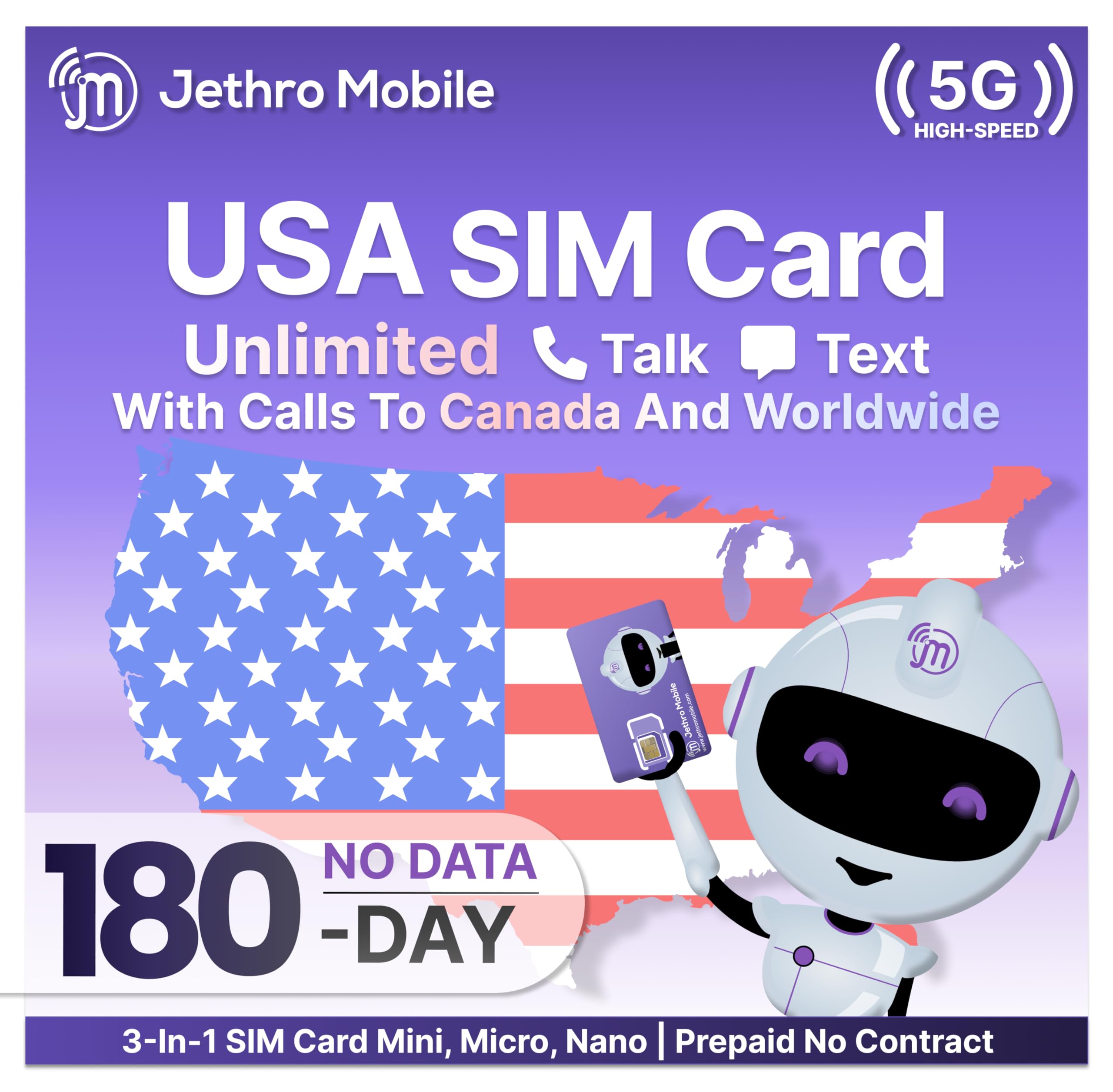 Jethro Mobile Unlimited Talk & Text Plan (No Internet Data), Suitable for Seniors, Kids, Students and Dumb Phones, 3-in-1 SIM Card Kit, Prepaid Phone Plan (180 Days)