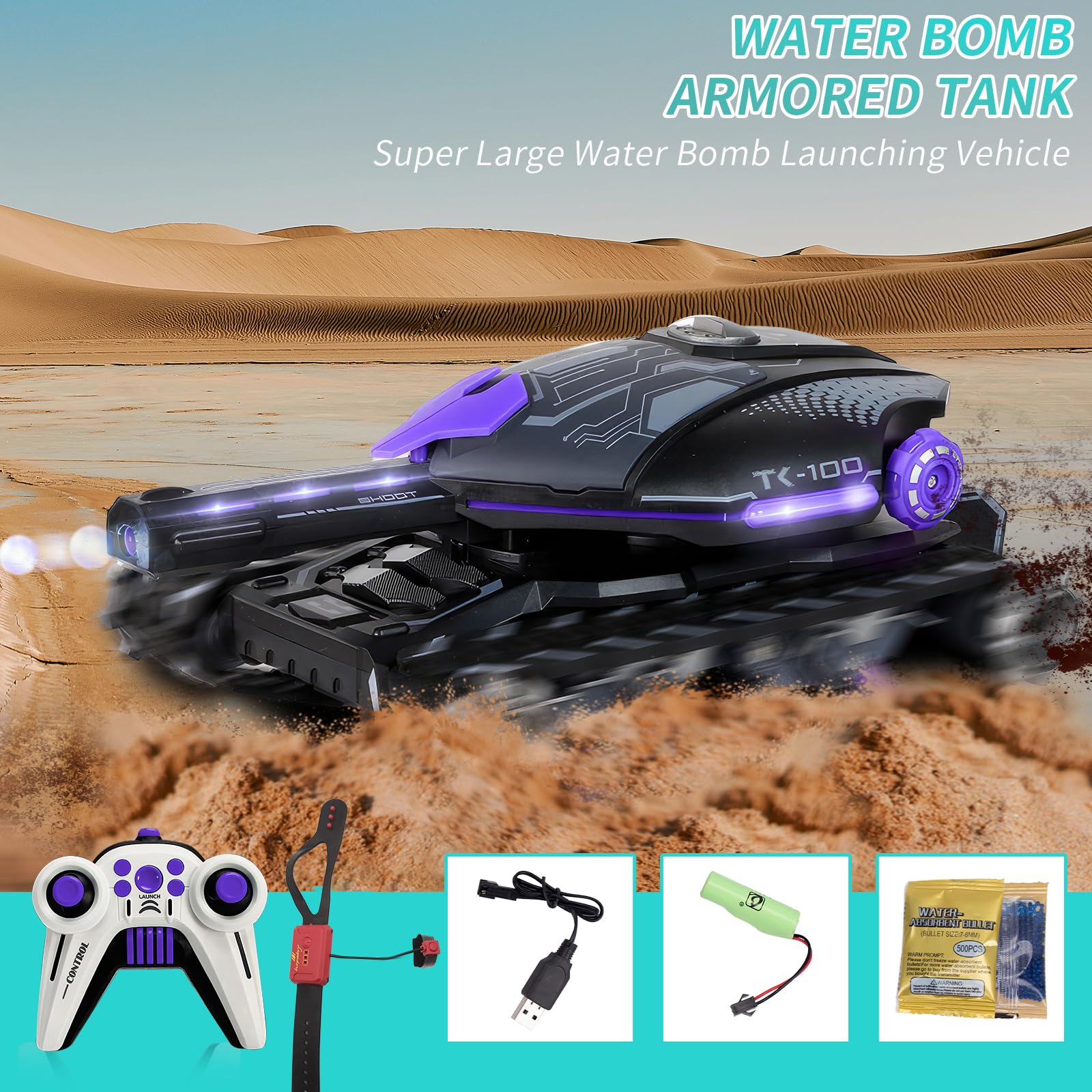 Bindove RC Stunt Tank with Light, Watch Gesture Sensor RC Tank Toy, 360 Rotation Remote Control Stunt Car Shooting Water Bullets, Gifts for Children (Tracked Black Purple)