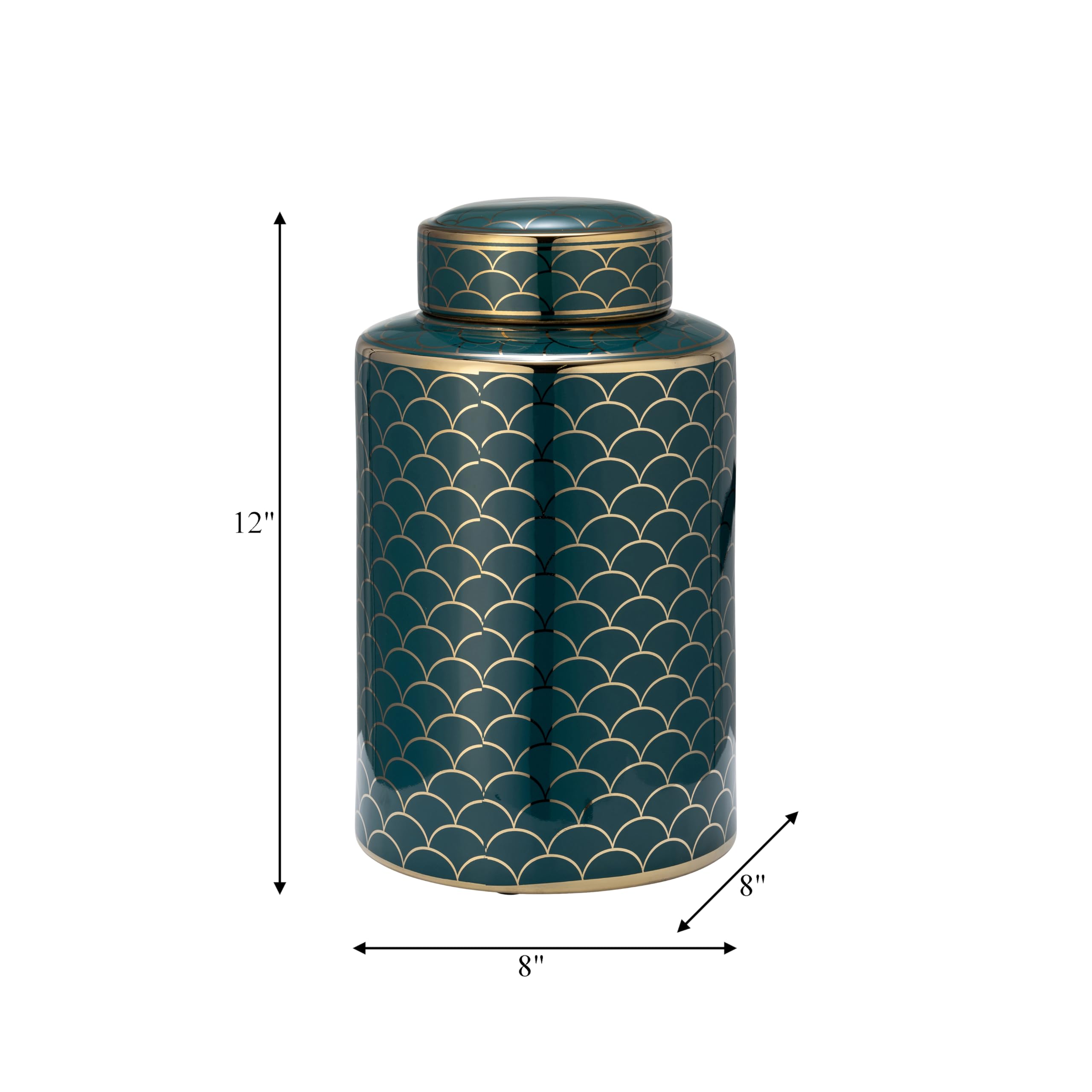 12" Jar with Lid - Modern Ceramic Dark Green and Gold Crackle Design Stoneware - Decorative Jar for Home or Office Accent