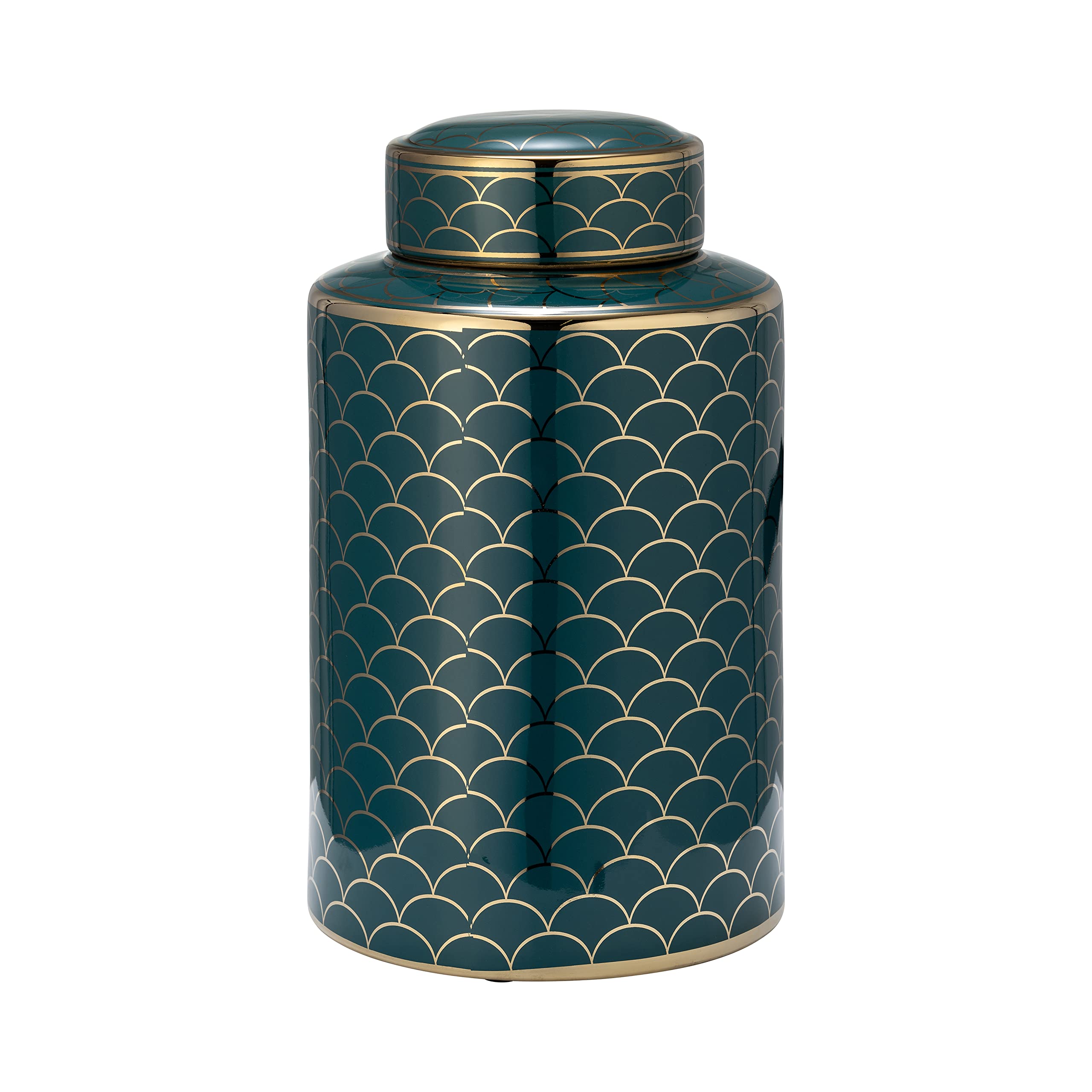 12" Jar with Lid - Modern Ceramic Dark Green and Gold Crackle Design Stoneware - Decorative Jar for Home or Office Accent