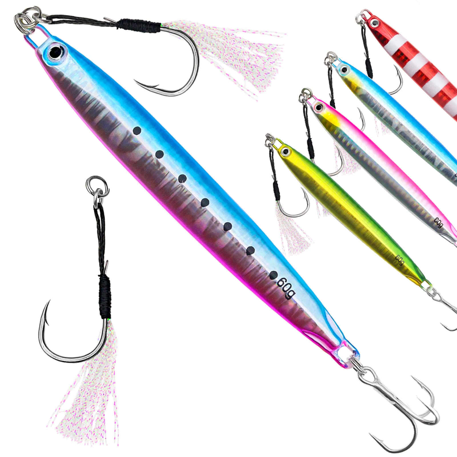 FREGITO Fishing Jigs Vertical Saltwater Jigs Vertical Jigging Spoon Fishing Tuna Lures Boat Fishing Artificial Lures for Tuna, Grouper, Dogtooth, Snapper, Bass, Salmon/60g, 80g,120g (5pcs-60g)