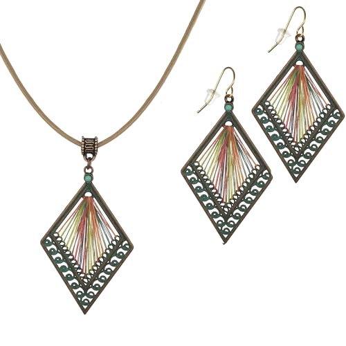 Boho Vintage Style Diamond Shaped Copper Thread with Tan Leather Cord Necklace and Earring Set, Necklace, or Earrings – Length Choices (full set - 20 inch)