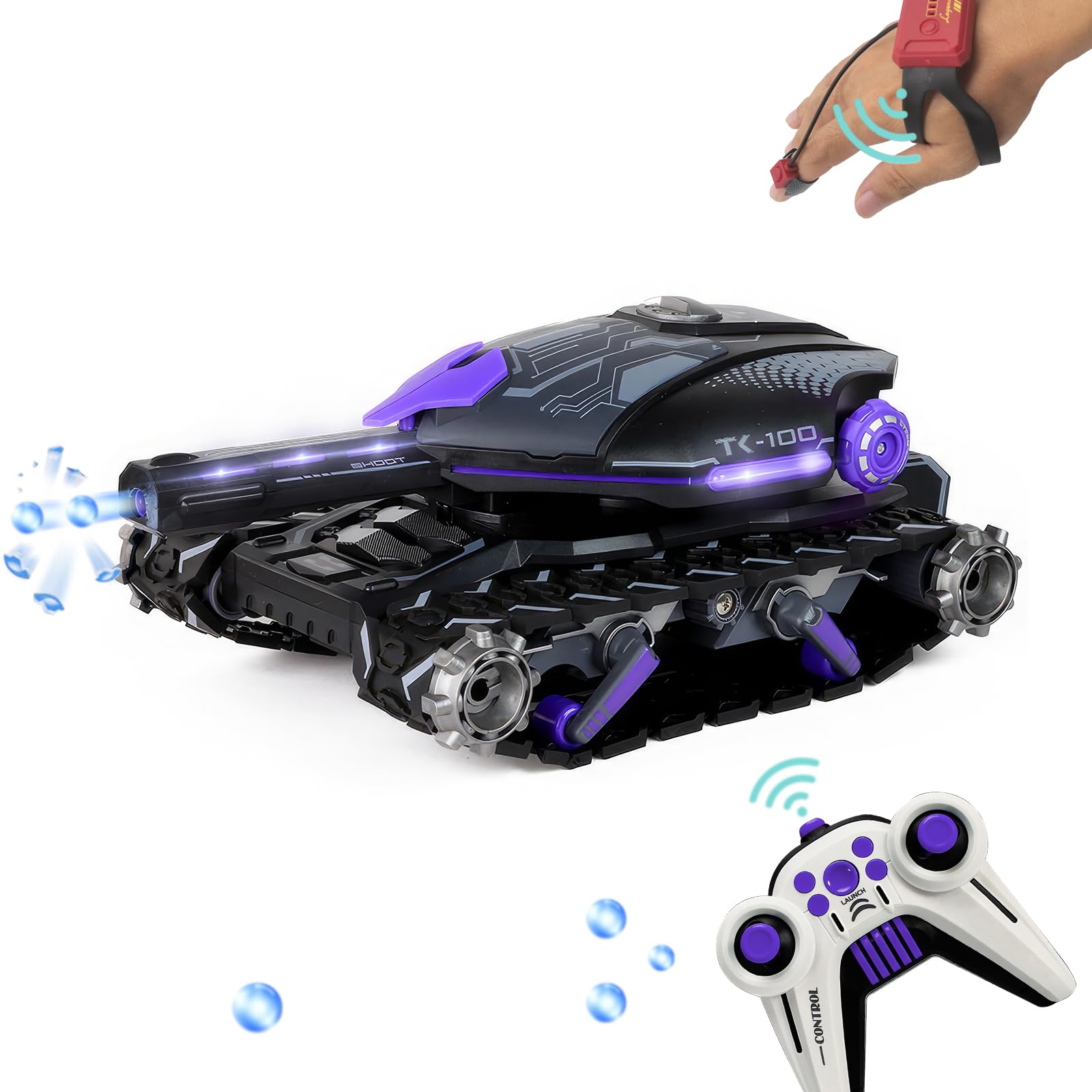 Bindove RC Stunt Tank with Light, Watch Gesture Sensor RC Tank Toy, 360 Rotation Remote Control Stunt Car Shooting Water Bullets, Gifts for Children (Tracked Black Purple)