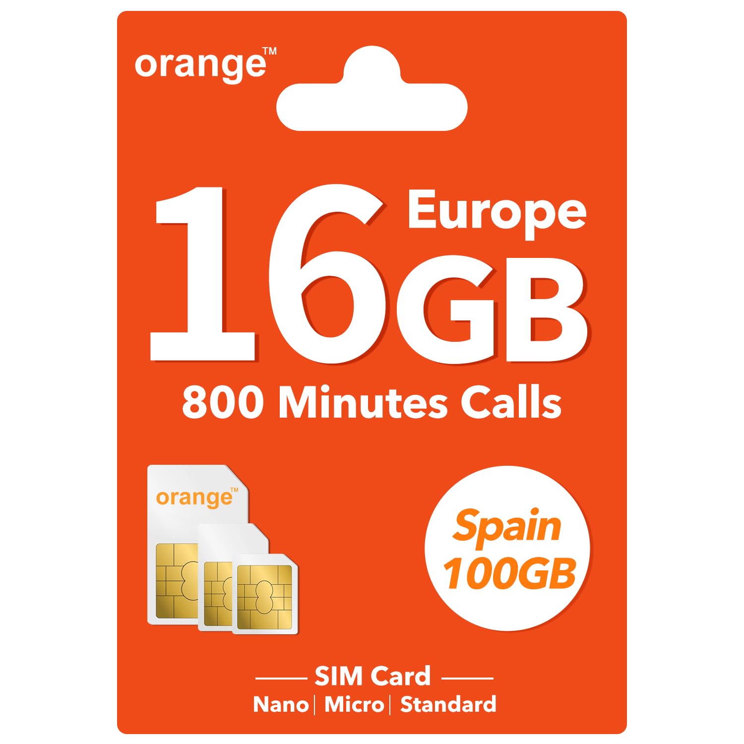 Orange Europe Prepaid SIM Card - 16GB Internet Data in 4G/LTE + 800 Mins Call in Europe, 100GB + 800 Mins Calls in Spain, Europe SIM Card for 28 Days, Supported Hotspot, Standard/Micro/Nano