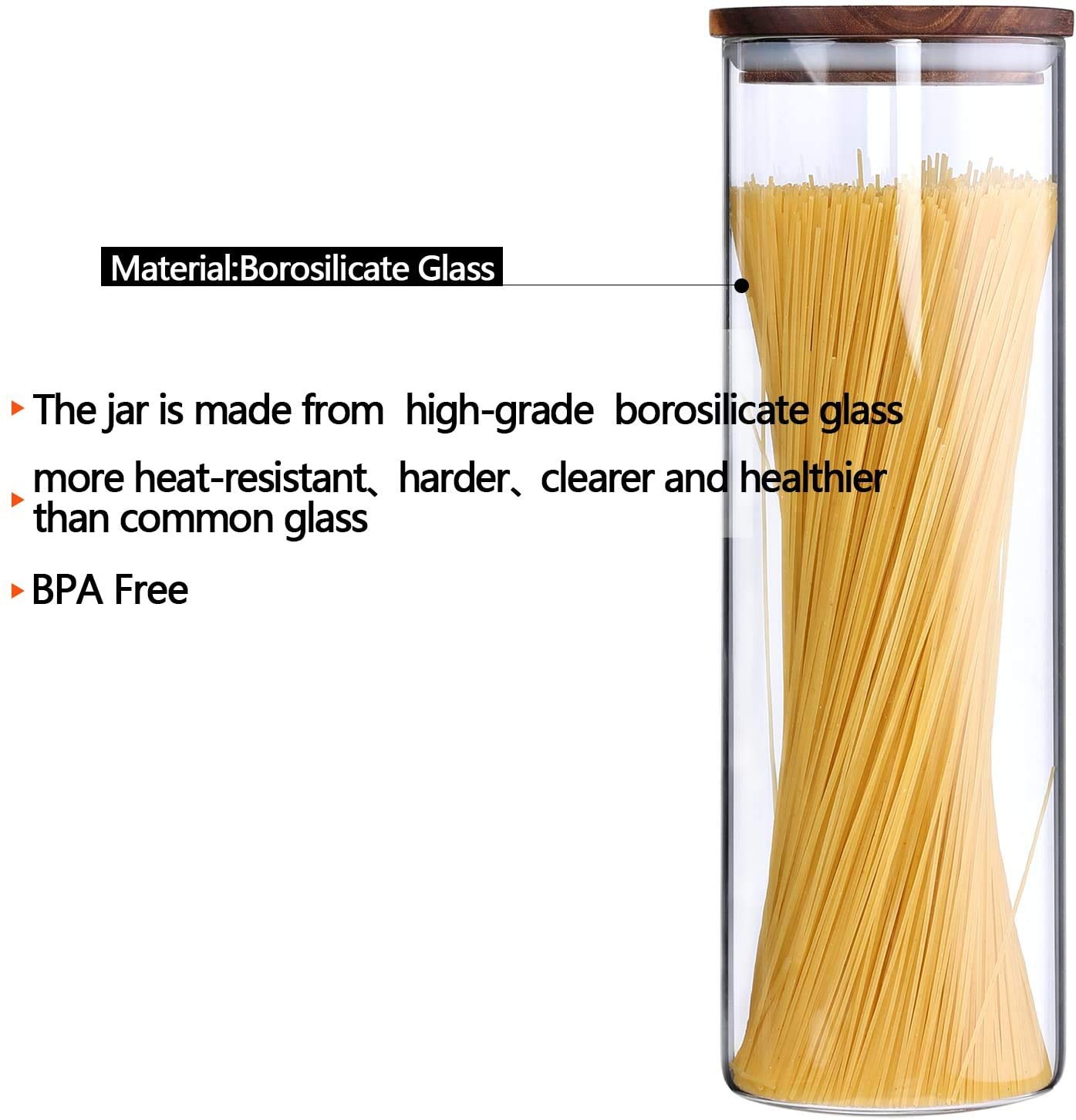 KKC HOME ACCENTS Tall Borosilicate Glass Spaghetti Storage Jar,Pasta Canister,Noodle Holder,Sealed Container with Wooden Lid,63 Fluid Ounces