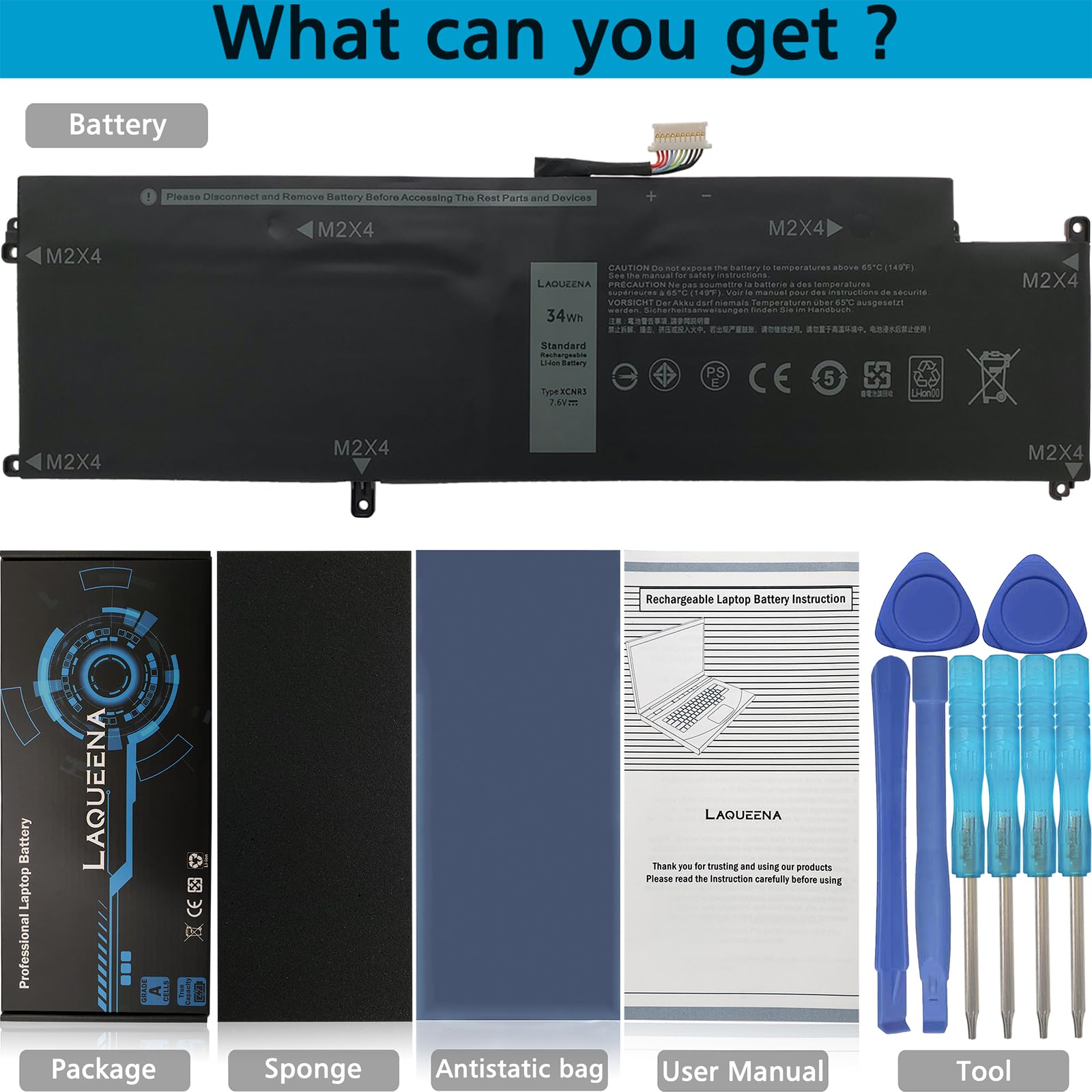 LAQUEENA XCNR3 Laptop Replacement Battery for Dell Latitude 13 7370 Ultrabook Series 0XCNR3 WY7CG MH25J 7.6V 34WH/4250MAH 4-Cell