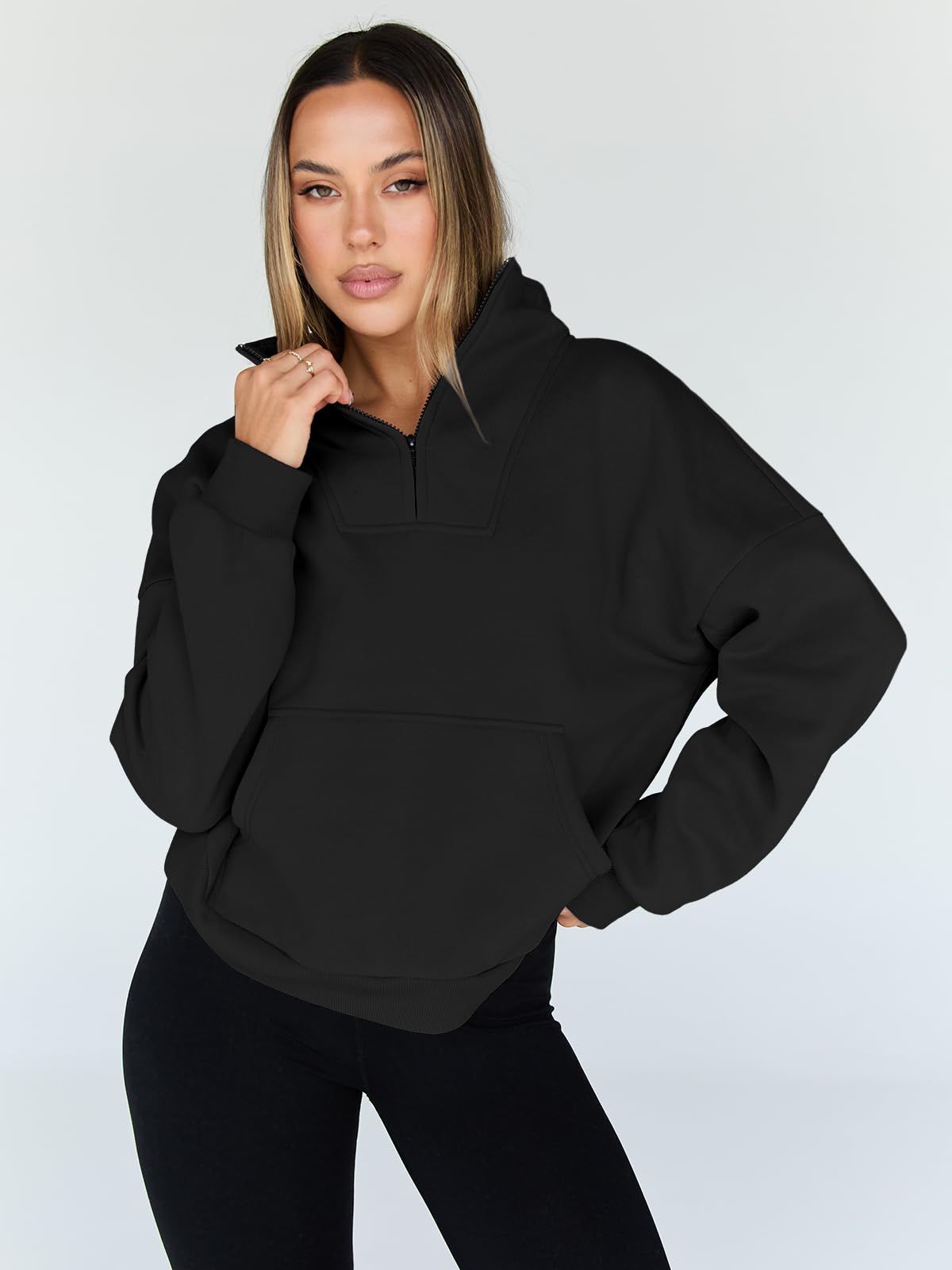 Trendy Queen Sweatshirts Quarter Half Zip Pullover Oversized Hoodies Sweaters Comfy Fall Outfits 2025 Y2K Winter Clothes Black L
