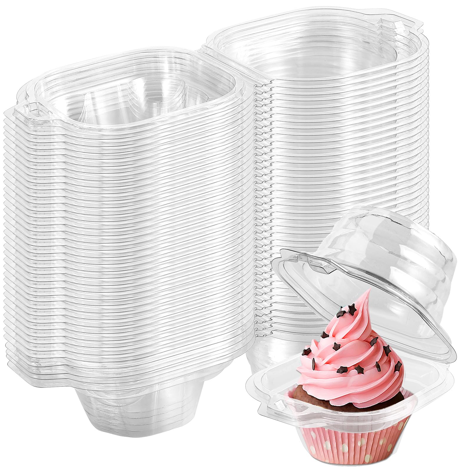 Vyndicca 100Pack Individual Cupcake Containers,Disposable Clear Plastic Cupcake Holders,Stackable Single Compartment Cupcake Carrier With Connected Airtight Deep Dome Lid for Cake Muffins,BPA Free