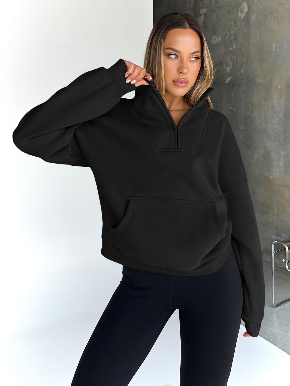 Trendy Queen Sweatshirts Quarter Half Zip Pullover Oversized Hoodies Sweaters Comfy Fall Outfits 2025 Y2K Winter Clothes Black L