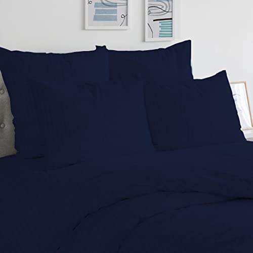 Sunday Home 400 Thread Count 100% Cotton Sheets Damask Stripe Navy Blue Queen Sheets Set 4 Piece - Ultra Soft Long Staple Sateen Weave Luxury Bed Sheet Set with 16" Deep Pockets - Oeko Tex Certified