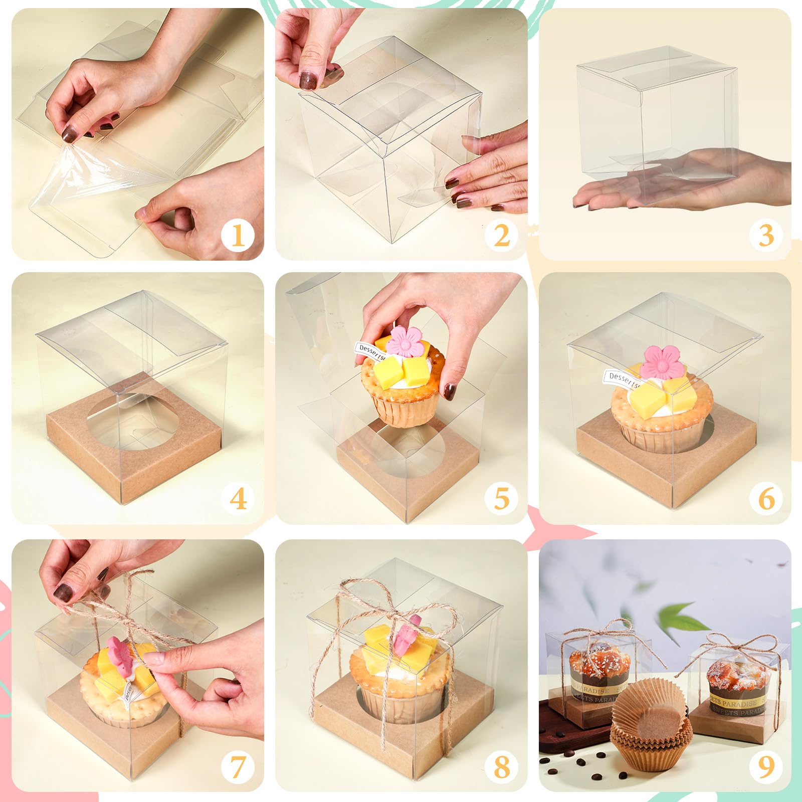 Ctosree 50 Sets Clear Plastic Cupcake Boxes 3.5 Inches Single Cupcake Containers with 100 Pcs Cupcake Liners Cupcake Containers Baking Cups Single Cupcake Holders Cupcake Storage for Cake Dessert