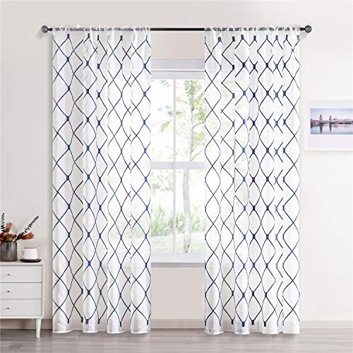 Top Finel White Sheer Curtains 84 Inches Length for Living Room Bedroom Voile Drapes Diamond Embroidered Rod Pocket Window Treatments, 2 Panels