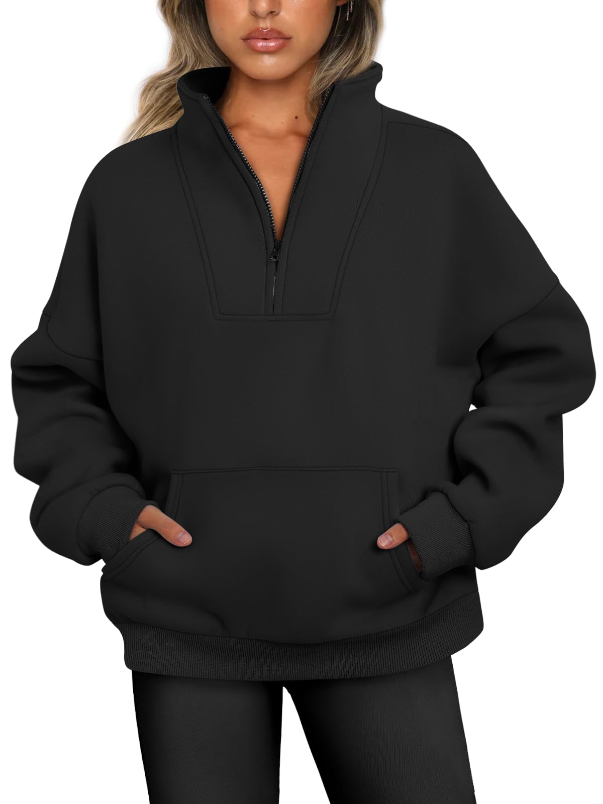 Trendy Queen Sweatshirts Quarter Half Zip Pullover Oversized Hoodies Sweaters Comfy Fall Outfits 2025 Y2K Winter Clothes Black L