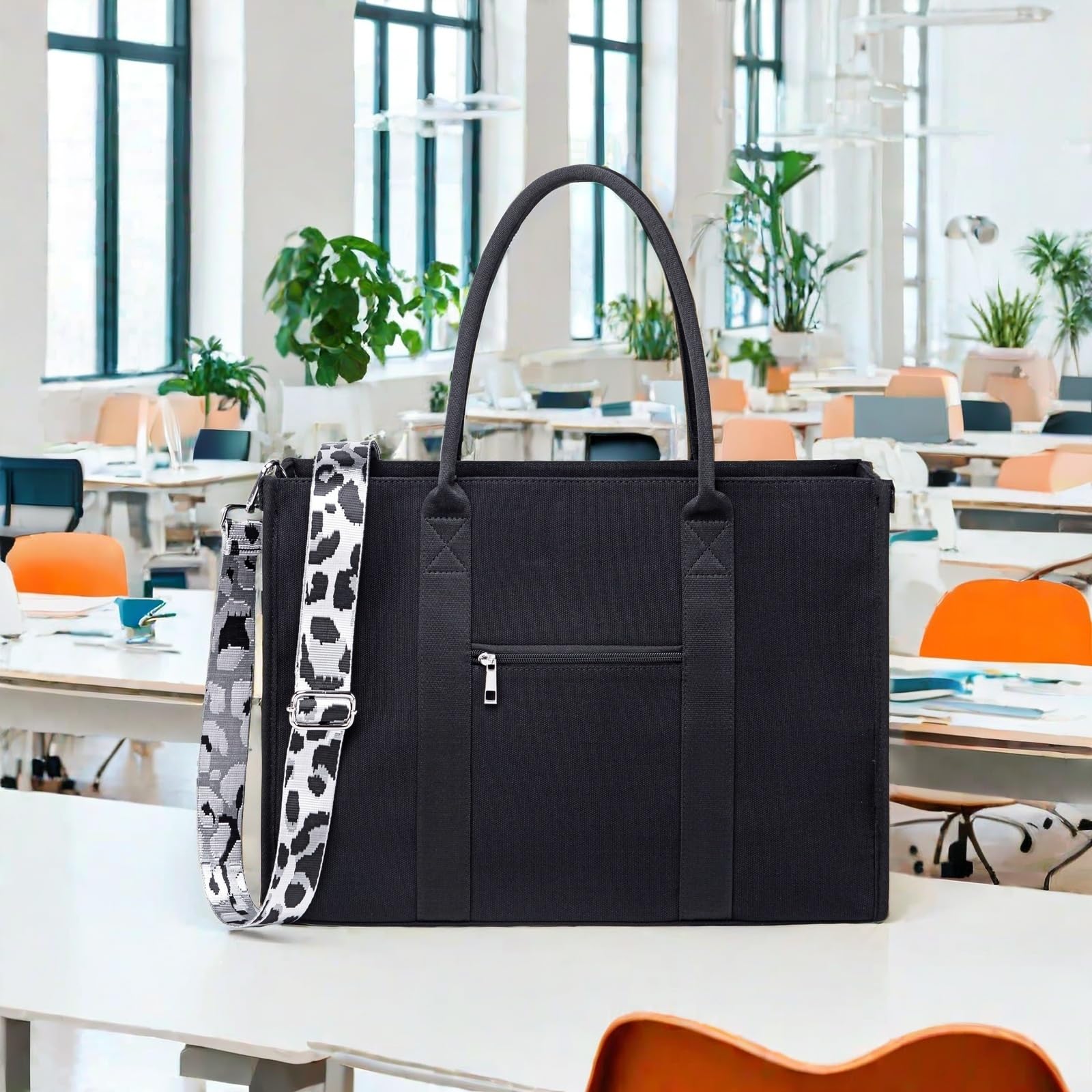 Laptop Tote Bag for Women Work Shoulder Bags 15.6 inch Canvas Laptop Computer Purse Messenger Teacher Handbag Business Office Briefcase(Leopard print)
