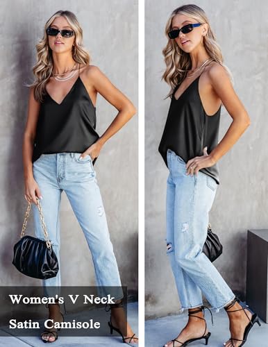 Ekouaer Womens Satin Tank Tops 2 Pack Silky Camisole V Neck Spaghetti Strap Blouses Sleeveless Cami Shirt White/Black X-Large