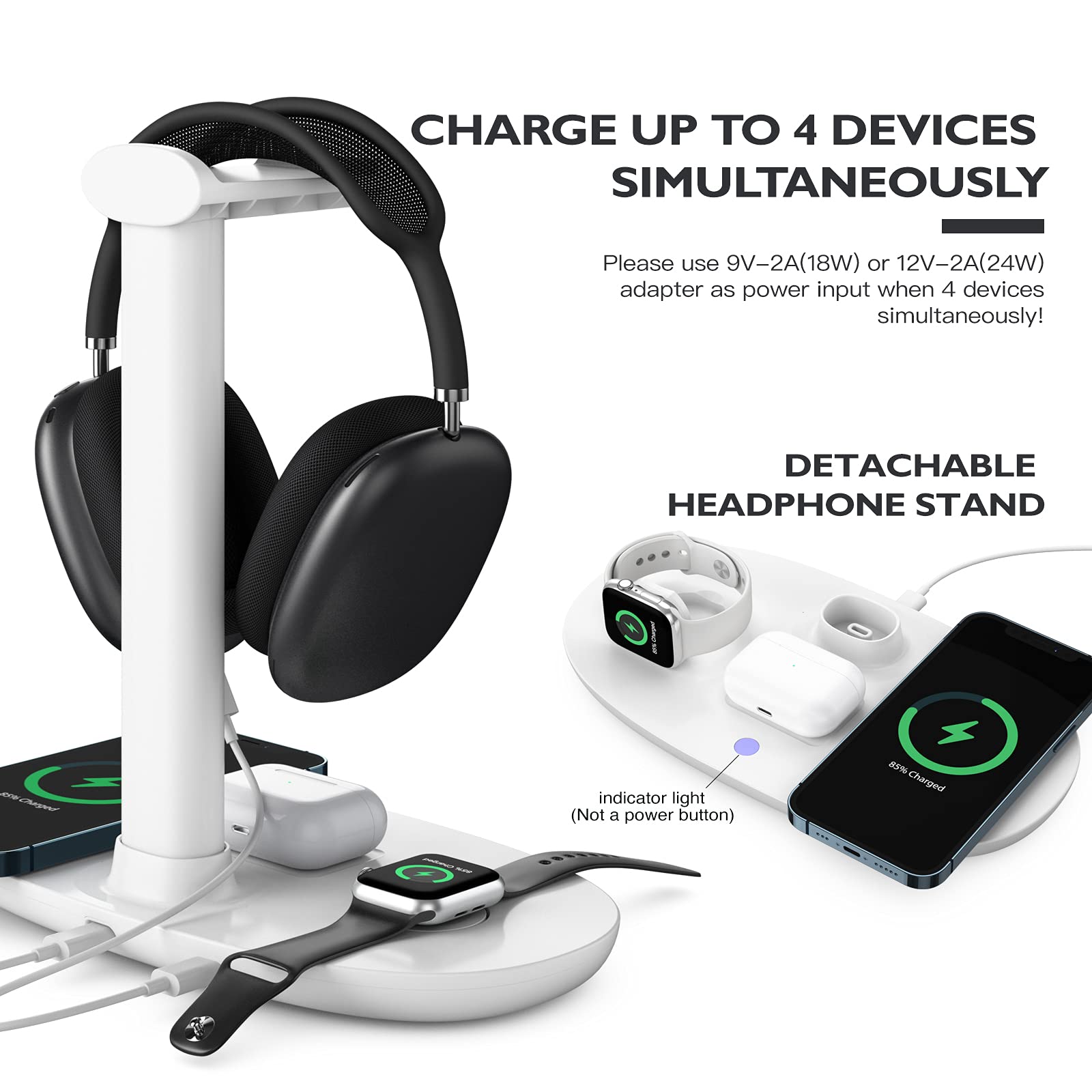 Headphone Stand with 15w Wireless Charger, Suguder 4 in 1 Charging Station Headset Holder for AirPods Max/Pro/4/3/2 iWatch 10/9/8/7/6/5/4/3/2/1/SE iPhone 16/15/14/13/12/11/X for Desktop Table Game