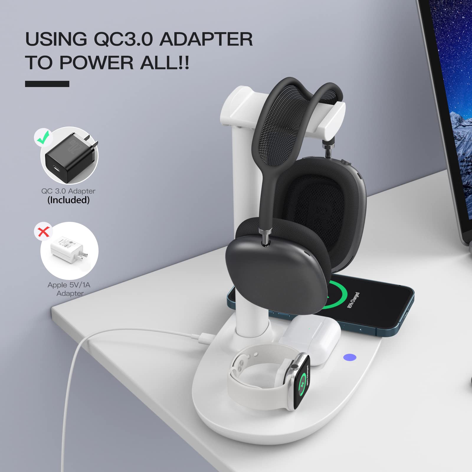 Headphone Stand with 15w Wireless Charger, Suguder 4 in 1 Charging Station Headset Holder for AirPods Max/Pro/4/3/2 iWatch 10/9/8/7/6/5/4/3/2/1/SE iPhone 16/15/14/13/12/11/X for Desktop Table Game