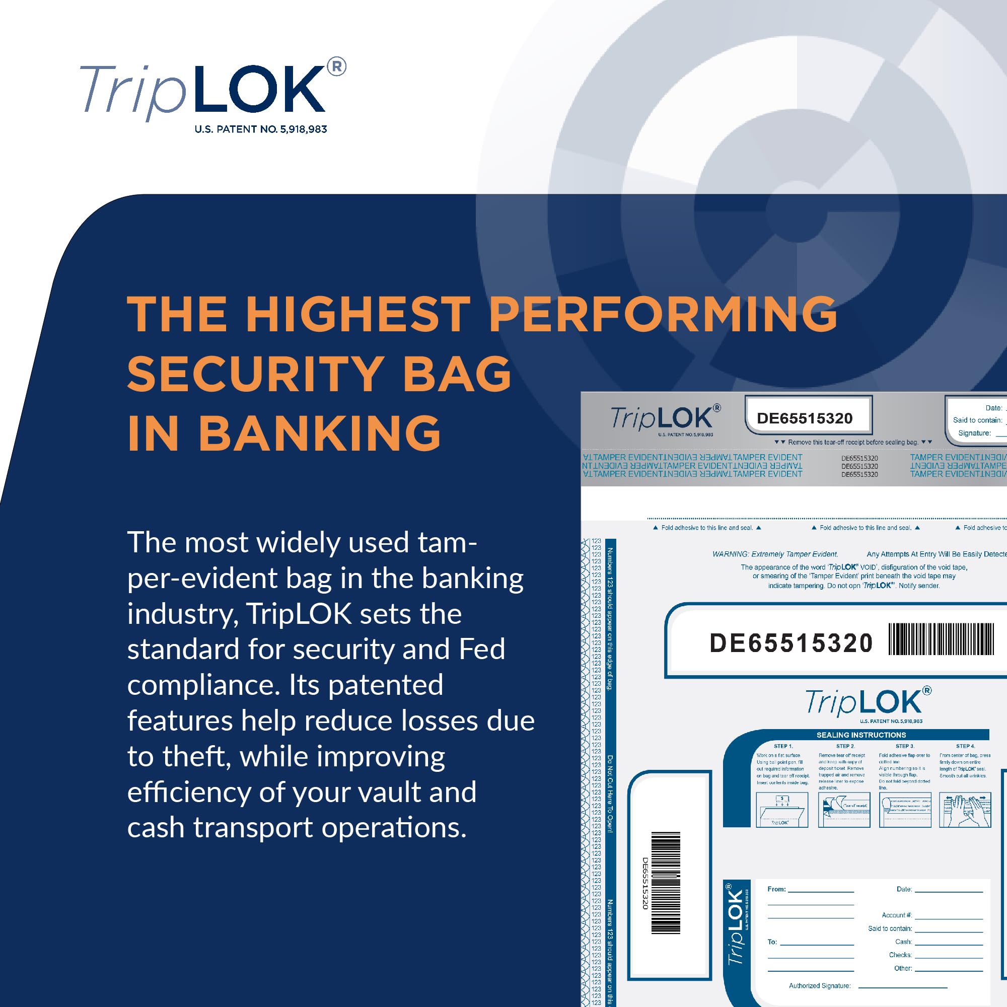 ControlTek TripLok 9" x 12", White with Pocket, 100 Bags, Tamper-Evident Deposit Bags for Cash Handling & Valuables, Moisture, Heat and Cold Sensitive Ink, Tear-off receipt + Large Barcodes 585036