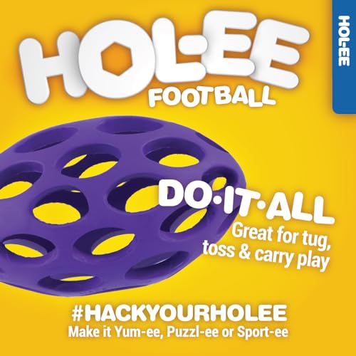 JW Pet Hol-ee Football Dog Toy Puzzle Ball, Natural Rubber, Medium (6.5 Inch Length), Colors May Vary