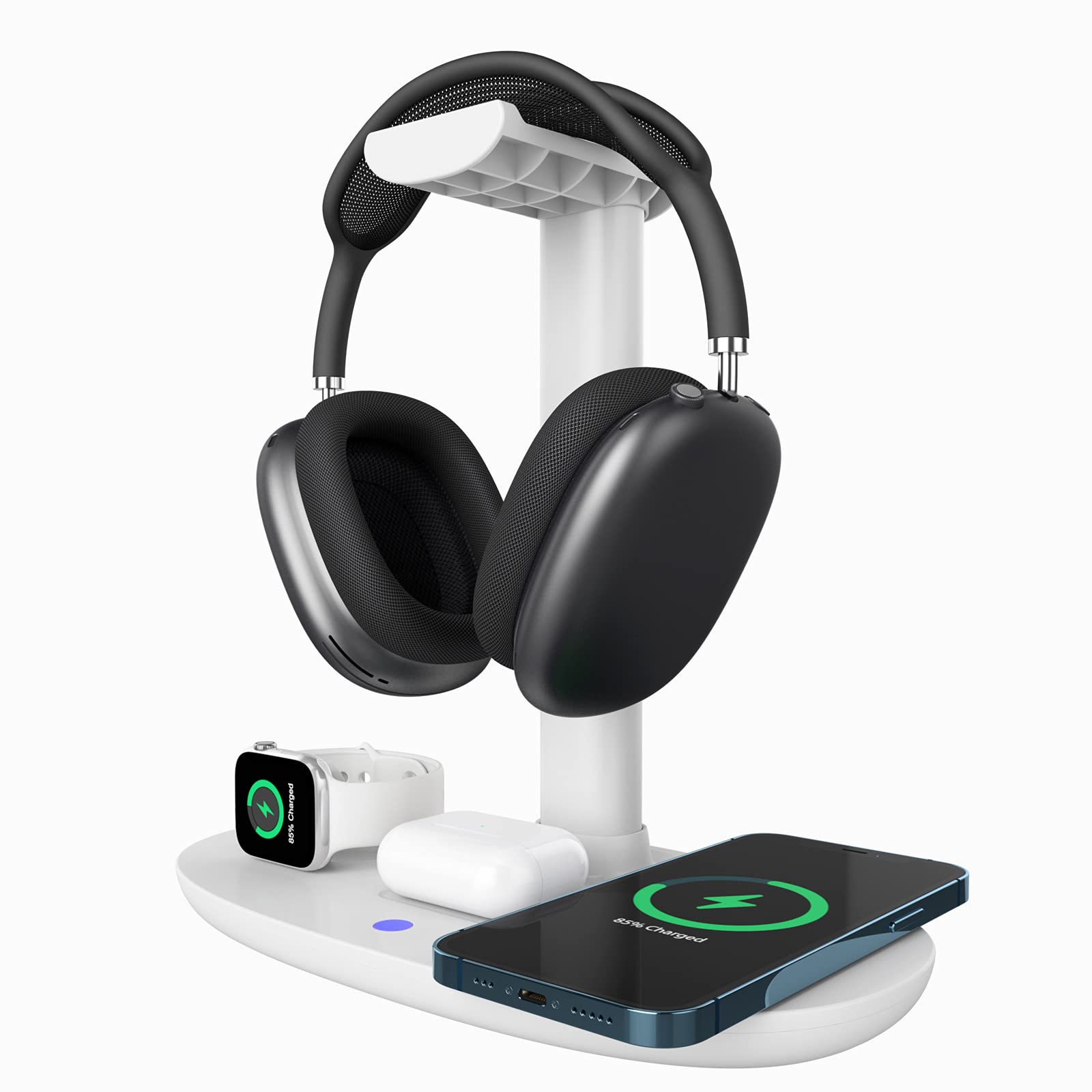 Headphone Stand with 15w Wireless Charger, Suguder 4 in 1 Charging Station Headset Holder for AirPods Max/Pro/4/3/2 iWatch 10/9/8/7/6/5/4/3/2/1/SE iPhone 16/15/14/13/12/11/X for Desktop Table Game