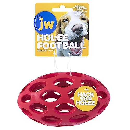 JW Pet Hol-ee Football Dog Toy Puzzle Ball, Natural Rubber, Medium (6.5 Inch Length), Colors May Vary