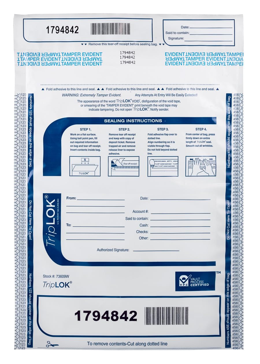 ControlTek TripLok 9" x 12", White with Pocket, 100 Bags, Tamper-Evident Deposit Bags for Cash Handling & Valuables, Moisture, Heat and Cold Sensitive Ink, Tear-off receipt + Large Barcodes 585036