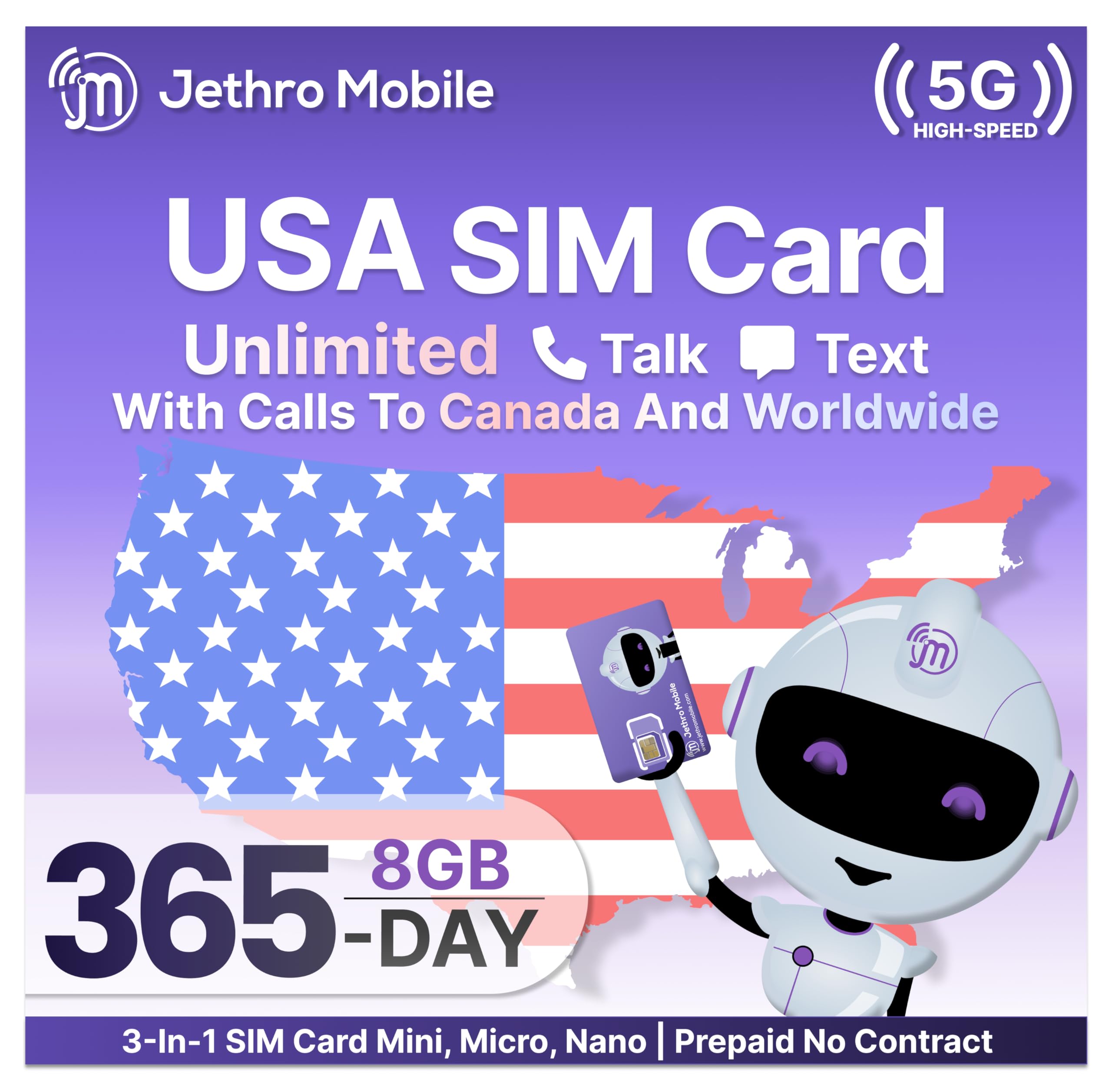 Jethro Mobile Cell Phone Plan for Seniors & Kids (No Contract), 8GB High-Speed Data, Unlimited Talk & Text, SIM Card Kit (1 Year)