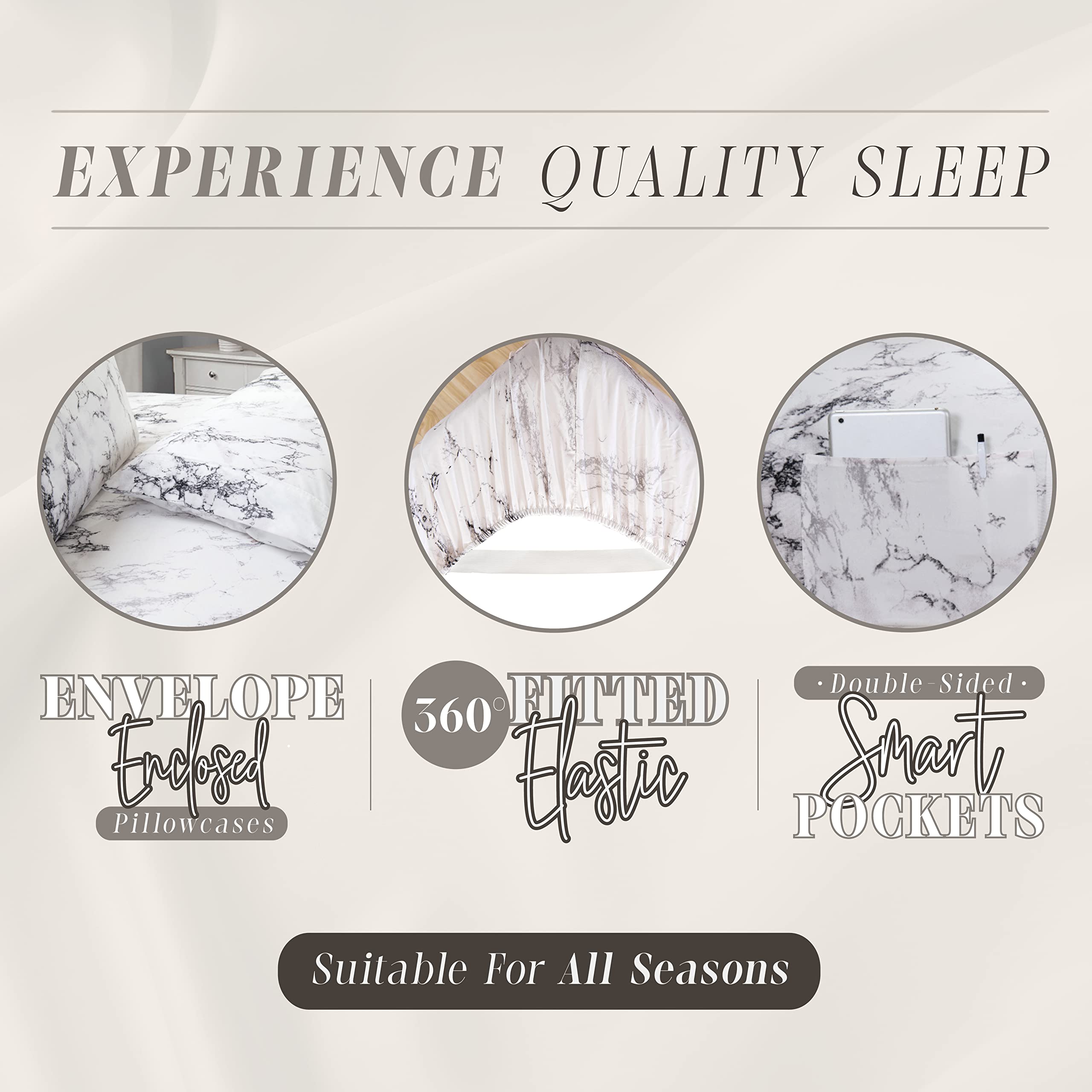 Elegant Comfort Eloise Marble Printed 6-Piece Sheet Set, 1500 Premium Hotel Quality Microfiber, Soft, Wrinkle and Fade Resistant, Fitted Sheets with Smart Pockets, Marble Sheet Set, Queen, White
