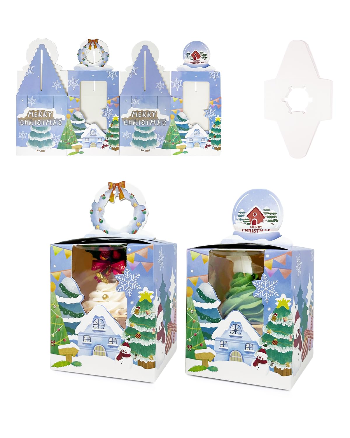 Christmas Individual Cupcake Boxes with Window 32 Count Snow Day Single Cupcakes Box 3.6 * 3.6 * 4.3inch Cupcake Carrier