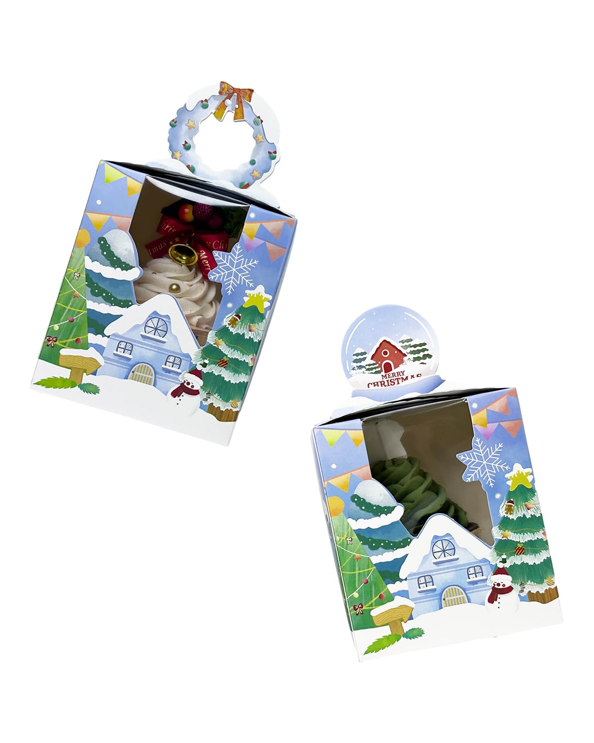 Christmas Individual Cupcake Boxes with Window 32 Count Snow Day Single Cupcakes Box 3.6 * 3.6 * 4.3inch Cupcake Carrier