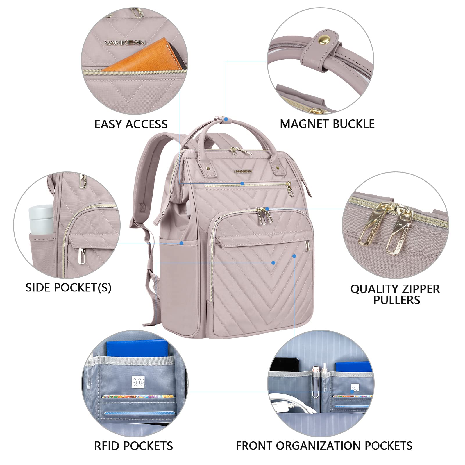 VANKEAN 17 Inch Laptop Backpack for Women Men Fashion Computer Work Bag, Large Capacity Waterproof Backpack with USB Port & RFID Pockets, College Daypack Business Travel Backpack, Light Dusty Pink