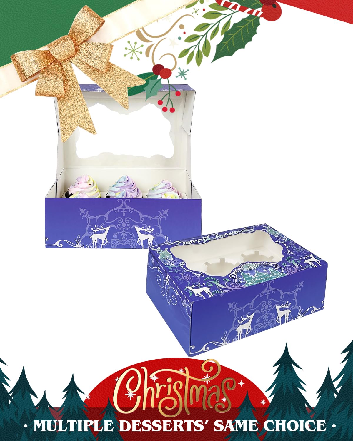 qiqee Christmas 6 Cupcake Boxes with Window 30 Packs BluePurple Cupcake Box 9"x6.1"x3.3" Bakery Boxes For Cupcakes Carrier, Cupcake Containers